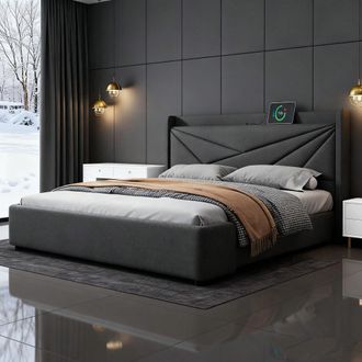 Generic Polster-Doppelbett 160x200 cm mit Stauraumfunktion, USB-C-Ladekopfteil, Leinenbezug und Lattenrost als Jugendbett (ohne Matratze) (Grey)