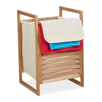 Relaxdays W&auml;schekorb Walnuss, HxBxT: 60x40x35 cm, W&auml;schesammler mit Deckel, 50 L, f&uuml;r Schmutzw&auml;sche im Bad, Natur/beige