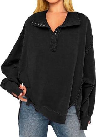 Generic Chandail surdimensionn&eacute; &agrave; manches bouffantes pour femme avec fente lat&eacute;rale et col ras-du-cou, tunique tendance pour printemps et automne, Noir, XL