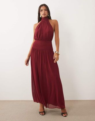 Forever New Chiffon-Blouson-Maxikleid mit Neckholder in Burgunderrot-Schwarz