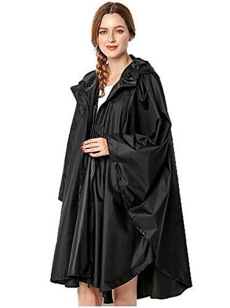 Nuur Veste de Pluie Poncho pour Femme Imperméable Léger Réutilisable Randonnée Manteau de Pluie Veste avec CapucheNoir