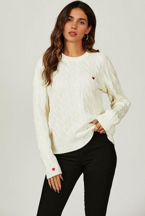 FS Collection Strickpullover Damen Strickpullover Zopfmusterpullover Pullover-Oberteil mit Herz (Einheitsgr&ouml;&szlig;e: UK 8-16 / EU 36-44, 4 Farben : Navy, Grau, Dark Fuch