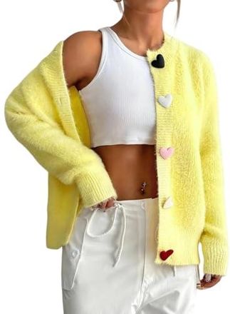 Generic Cardigan en tricot pelucheux pour femme - Chandail &agrave; col ras du cou - Chandail en tricot avec boutons en forme de coeur sur, jaune, L
