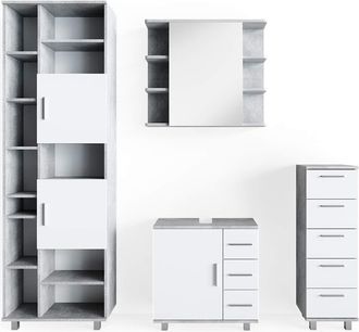Vicco Badm&ouml;bel-Set Beton Ilias, bestehend aus Badspiegelschrank, Waschbeckenunterschrank, Midischrank, Hochschrank - mit F&auml;chern f&uuml;r Flexible Aufbewahrung