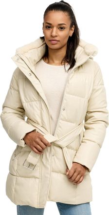 Tazzio Damen Steppmantel mit Kapuze - Lederoptik-Steppmantel mit Tailleng&uuml;rtel F802 (Beige, M)