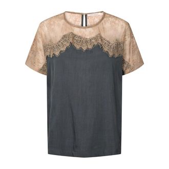 Rabens Saloner Dunkler Schatten T-Shirt mit Spitzen Details - - Tops - Damen - Schwarzk - S/M
