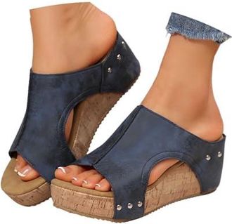 Generic Chaussons compensés pour Femmes en Cuir Souple Confortables antidérapants pour Plage Maison extérieur Tendance Mode été (Navy, 39)