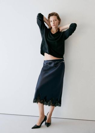 Mango Jupe satin&eacute;e en dentelle bleu marine - Femme - XS - MANGO
