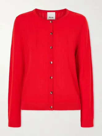 Allude Pointelle-knit Virgin Wool Cardigan - Red