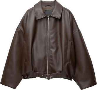 Generic Veste bomber d&eacute;contract&eacute;e en similicuir pour femme - Manteau court &agrave; revers surdimensionn&eacute; - V&ecirc;tements dext&eacute;rieur printemps 2026, caf&eacute;, XL