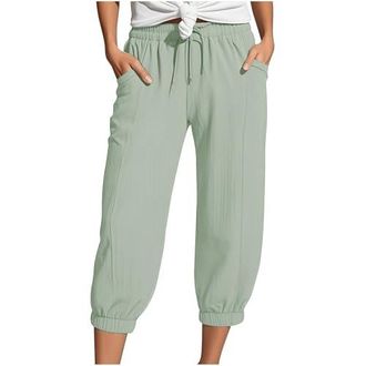 Generic Pantalon Femme 7/8 Coton en Lin Fluide D&eacute;t&eacute; Pant Taille Haute Chic Et Elegant Respirant Leger Coton Pantalons Droit &Agrave; La Mode D&eacute;contract&eacute;s Baggy Uni-C
