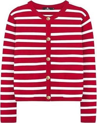 Generic Cardigan ray&eacute; &agrave; col rond pour femme, manches longues en tricot l&eacute;ger avec poches, Rayures rouges, XL