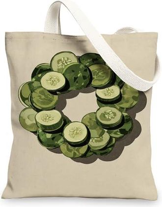 Generic Sacs fourre-tout en toile en forme de couronne de concombre, sacs dépicerie réutilisables, légers et lavables avec bandoulière pour S, vert, 13x15 Inc