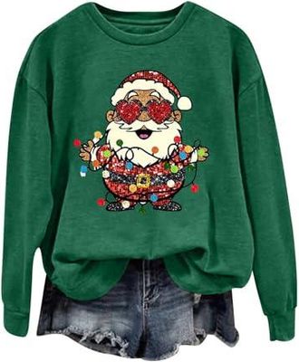 Generic Sweat-shirt de Noël pour femme avec imprimé Père Noël amusant à paillettes - Tenue de fête de Noël étincelante à manches longues - Pull graphique fant