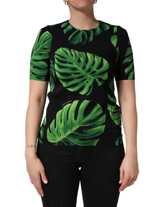 Dolce & Gabbana Womens Black Philodendron Print Silk Blouse Top And Green Elastane