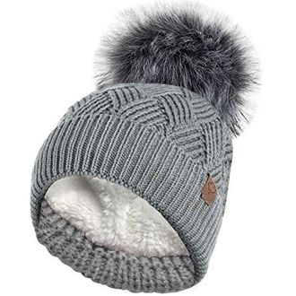 RockJock Chapeau de Tricot de c&acirc;ble de Diamant Chaud &eacute;pais de Dames avec la Doublure Thermique dours en Peluche et Le Pompon d&eacute;montable de Fausse Fourrure-Grey