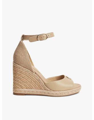 Tommy Hilfiger Leder-Espadrilles in Beige mit Logo-Plakette und Keilabsatz-Neutral