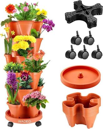 Apex Lot de 6 Pots de Fleurs Empilable, Jardini&egrave;re en Tour,Pot de Fleurs Design, Couleur Terre Cuite,avec roulettes pour Herbes et Jardin