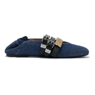 Ganni Femme, Chaussures, Bleu, Taille: 41 EU Sue Triple Ballerina Denim Fringed