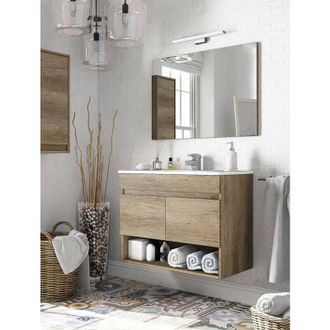 Dmora Meuble de comptoir Dmele, meuble de salle de bain 2 portes, Armoire suspendue avec &eacute;tag&egrave;re et miroir, &eacute;vier non inclus, 80x45h64 cm, Ch&ecirc;ne - Dmora