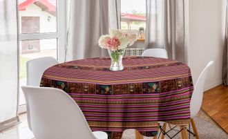 Ambesonne Runde Ethnische Tischdecke, peruanische Kultur, Muster von Volksmotiven und Streifen, Kreis, Tischdecke f&uuml;r Esszimmer, K&uuml;chendekoration, 152,4 cm, ros