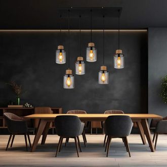 Globo Lighting Suspension lampe de table &agrave; manger noire 4 flammes verre fum&eacute; lampe suspendue bois r&eacute;glable en hauteur, m&eacute;tal, 6x douilles E27, LxlxH 62x18x120 cm