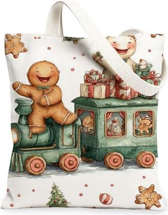 Generic Sacs fourre-tout en toile motif de pain d&eacute;pices, sacs &agrave; provisions r&eacute;utilisables, fantaisie, festif, l&eacute;ger, lavable, Blanc, 13x15 Inch