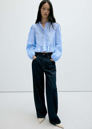 Mango Chemisier brod&eacute; d&eacute;tail volants bleu - Femme - XS - MANGO