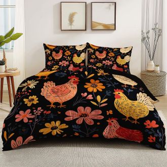 Generic Bettbezug Handgezeichnetes einfaches Huhn Linienzeichnung Aufdruck Gebürstet Microfaser mit 1 kopfkissenbezug, Jungen Teens Erwachsene Bettwäsche Set,