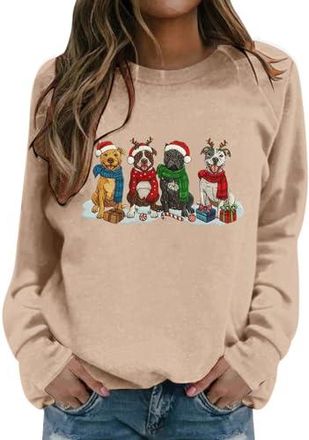 Generic Chandails de Noël pour femmes, col rond, imprimé de Noël amusant, coupe ample, confortable, mignon, tenues tendance 2025, A- kaki., M