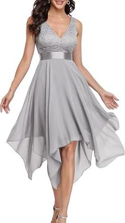 Ever-pretty Robe de Soir&eacute;e Asym&eacute;trique au Genou Femme Double Col-V sans Manche en Dentelle Mousseline de Soie Gris 50