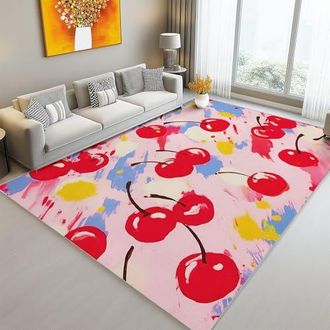 Generic Rose Lavable en Machine Tapis Salon Style d&eacute;coratif Cerises Pois, 140 x 200 cm Doux Tapis de Sol Pelucheux Dessous Antid&eacute;rapant, Entree Interieur Cham