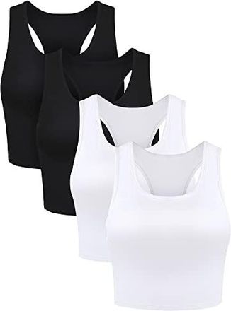 Boao Lot de 4 débardeurs Courts Basiques sans Manches Dos Nageur pour Femme, Noir/Blanc, Taille S