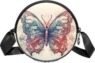 Generic Sac &agrave; bandouli&egrave;re rond pour femme, motif papillon vintage, petit sac &agrave; bandouli&egrave;re avec fermeture &eacute;clair, bretelles r&eacute;glables, sac &agrave; main rond d&eacute;contr