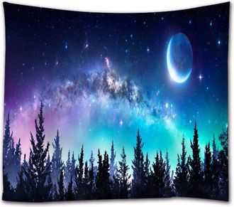 A.Monamour Wandteppiche Milchstraße Galaxie Sternenhimmel Mond In Der Nacht Verzauberter Wald Natur Hintergrund Stoff Wandteppich Wanddekoration Wandbehänge Für 