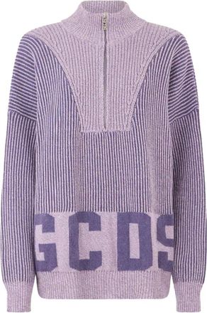 GCDS Gcds, Femme, Pulls, Violet, Taille: 44 FR Pull en maille c&ocirc;tel&eacute;e &agrave; demi-zip avec d&eacute;tail logo