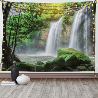 Abakuhaus Grün Wandteppich und Tagesdecke, Wasserfall Natur Exotic aus Weiches Mikrofaser Stoff Waschbar ohne Verblassen Digitaldruck, 230 x 140 cm,Weiß Grün