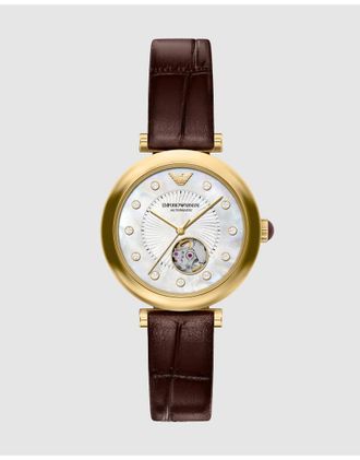 Emporio Armani Archelia montre automatique en cuir bordeaux dor&eacute;
