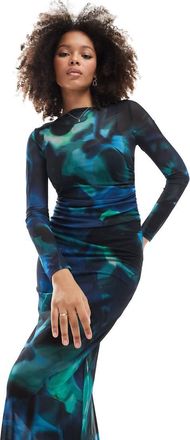 Forever New Robe longue en tulle à manches longues et imprimé flou - Bleu de cobalt