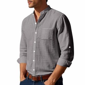 Generic Chemises blanches en lin pour hommes, coupe ajust&eacute;e, chemise habill&eacute;e en coton et lin, chemises &agrave; manches longues pour homme, chemise de plage d&eacute;t&eacute; &agrave; 