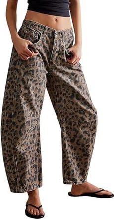 Generic Leopard Jeans Baggy pour femme - Marron clair - Tatouage léopard - Pantalon en jean avec jambes larges - Taille moyenne - Pantalon en denim décontract