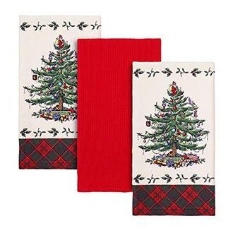 Spode 3-teiliges K&uuml;chenhandtuch-Set, weiche und saugf&auml;hige Baumwolle, Urlaubs-Badezimmer-Dekoration, Weihnachtsbaum, Tartan-Kollektion