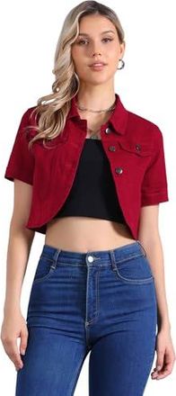 Allegra K Veste en Jean décontractée pour femmes, col rabattu, manches courtes, vestes en Jean courtesRouge XL