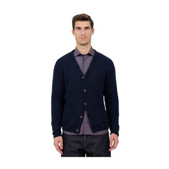 Irish Crone Cardigan aus Rippstrick aus Schurwolle - - Knitwear - Herren - Blau - M
