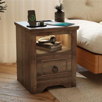 Festnight Nachttisch mit LED-Beleuchtung, Sieben, Rustikaler Beistelltisch mit Schublade, Vintage Nachtk&auml;stchen Sofatisch, Nachtschrank mit 1 offenes Fach, 40x4