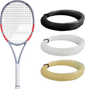 Babolat Pure Strike Team Tennisschl&auml;ger der 4. Generation (Carbon Grey) - bespannt mit 16 g Syn Gut bei mittlerer Spannung, schwarze Saite, 11,4 cm Griff)
