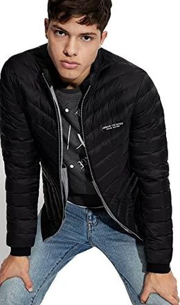 A|X Armani Exchange Quilted Down Milano/New York Logo Zip-up Jacket Homme Manteau alternatif en duvet, Noir/Gris Mélangé B, L