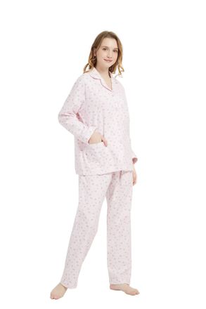 Global Schlafanz&uuml;ge Damen Flanell | Baumwolle Damen Pyjama Set | Zweiteiliger Nachtw&auml;sche Damen Pjs Set Lang | Knopfleiste vorne und Kordelzug |Rosa s&uuml;&szlig;e Blu