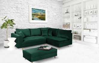 Norrwood home24 Ecksofa Meyford Grün Samt Ravi 230 x 85 x 160cm Ottomane davorstehend rechts mit Hocker Skandi