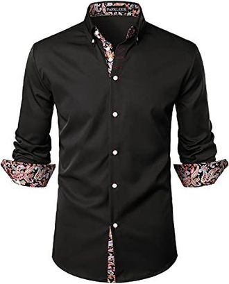 PARKLEES Chemise boutonnée à manches longues style hipster cachemire patchwork pour homme, Noir, XXL